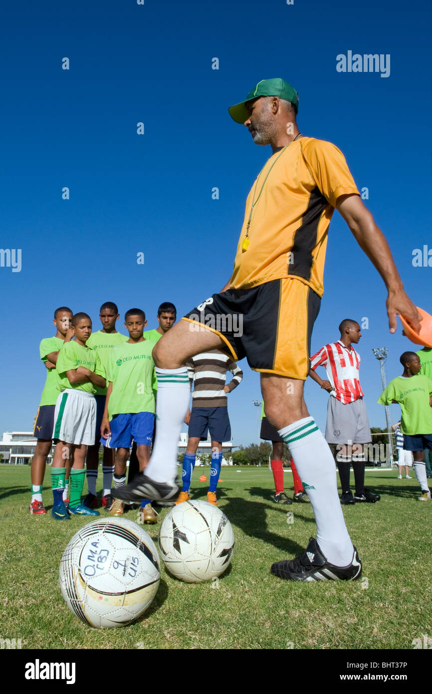Coach instructing players at Old Mutual Football Academy, Cape Town ...