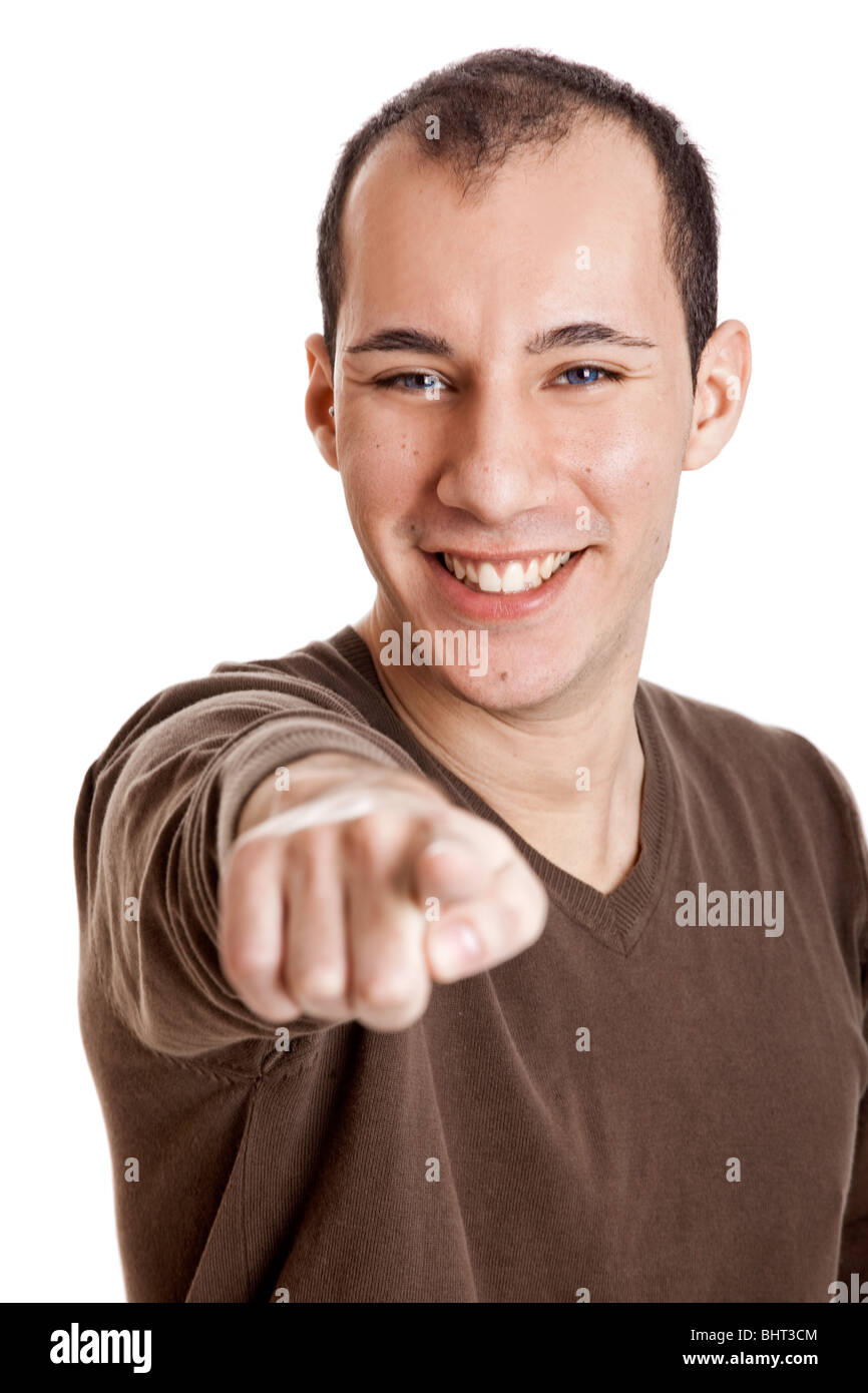 Portrait Of A Smart Guy Pointing To Something Isolated On White Stock