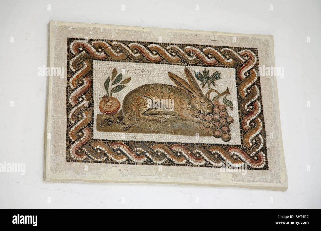 A rabbit eating grapes on a wall Roman mosaic at the Archeology Museum ...