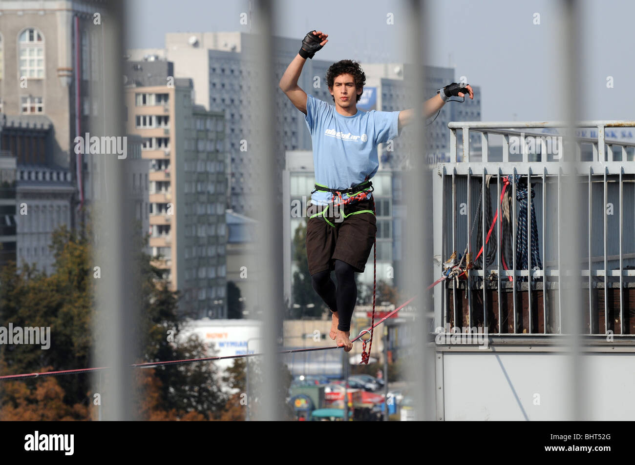 Polish slackliner Jan Galek during show in Warsaw, Poland Stock Photo ...