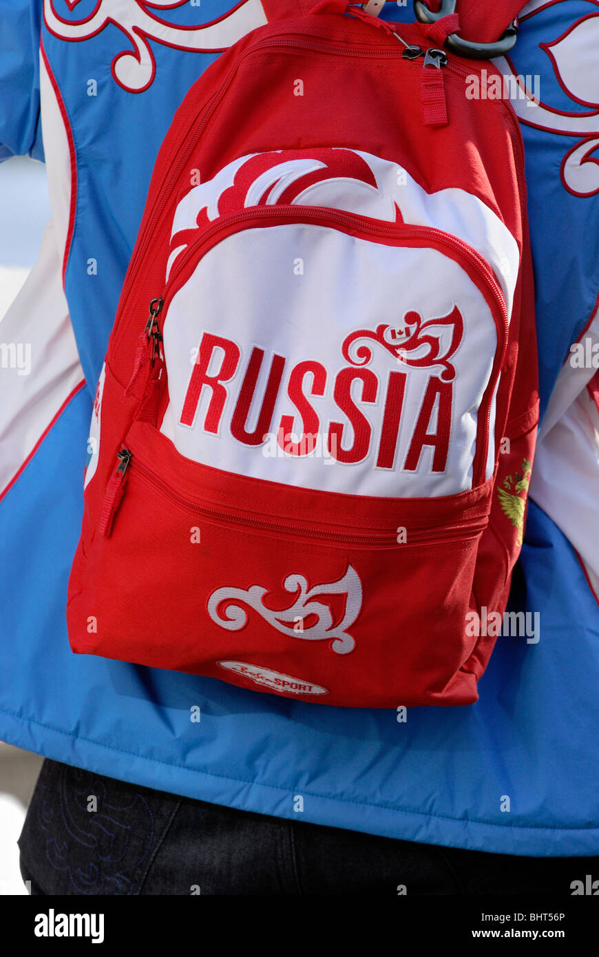 Russian red and white backpack Stock Photo - Alamy