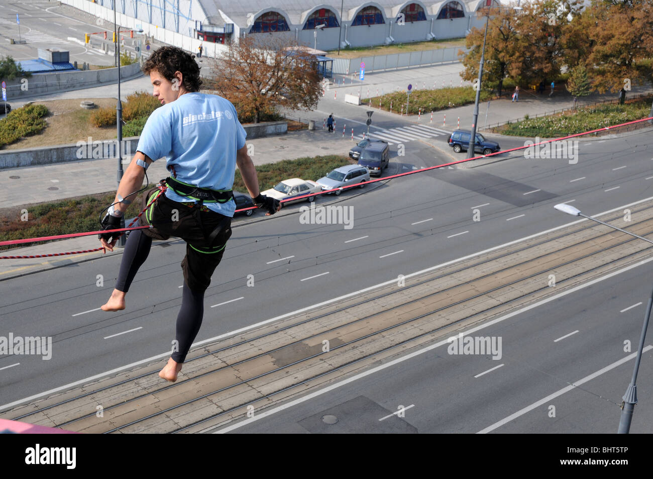 Polish slackliner Jan Galek during show in Warsaw, Poland Stock Photo ...