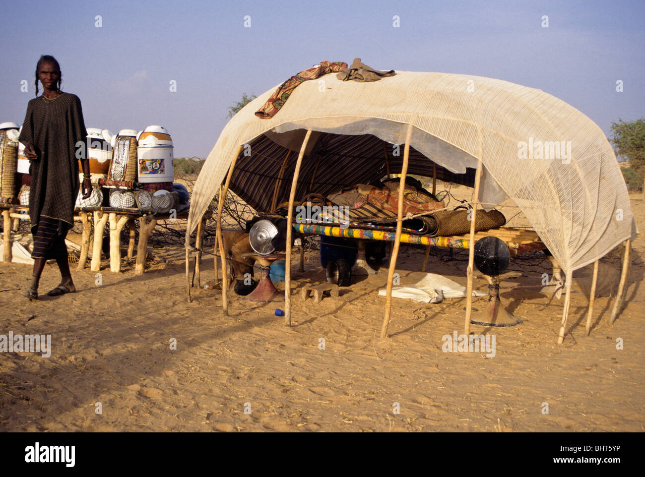 Niger, Fulani Nomads. Fulani Woman alongside her Sleeping Shelter ...