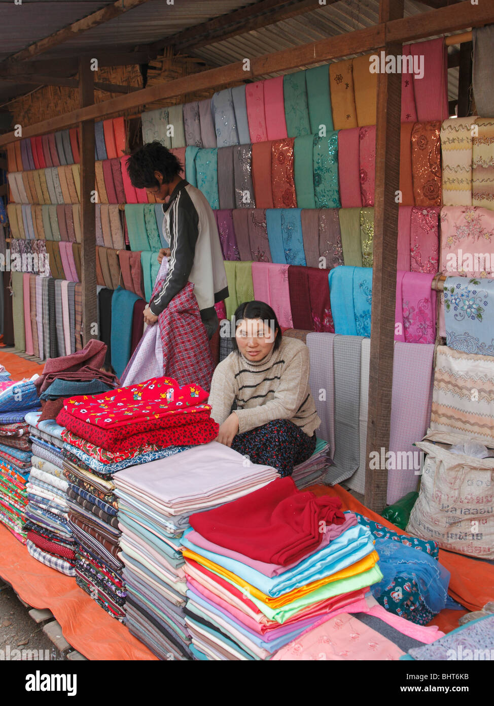 Myanmar, Burma, Nyaungshwe, market, textiles, Shan State Stock Photo ...