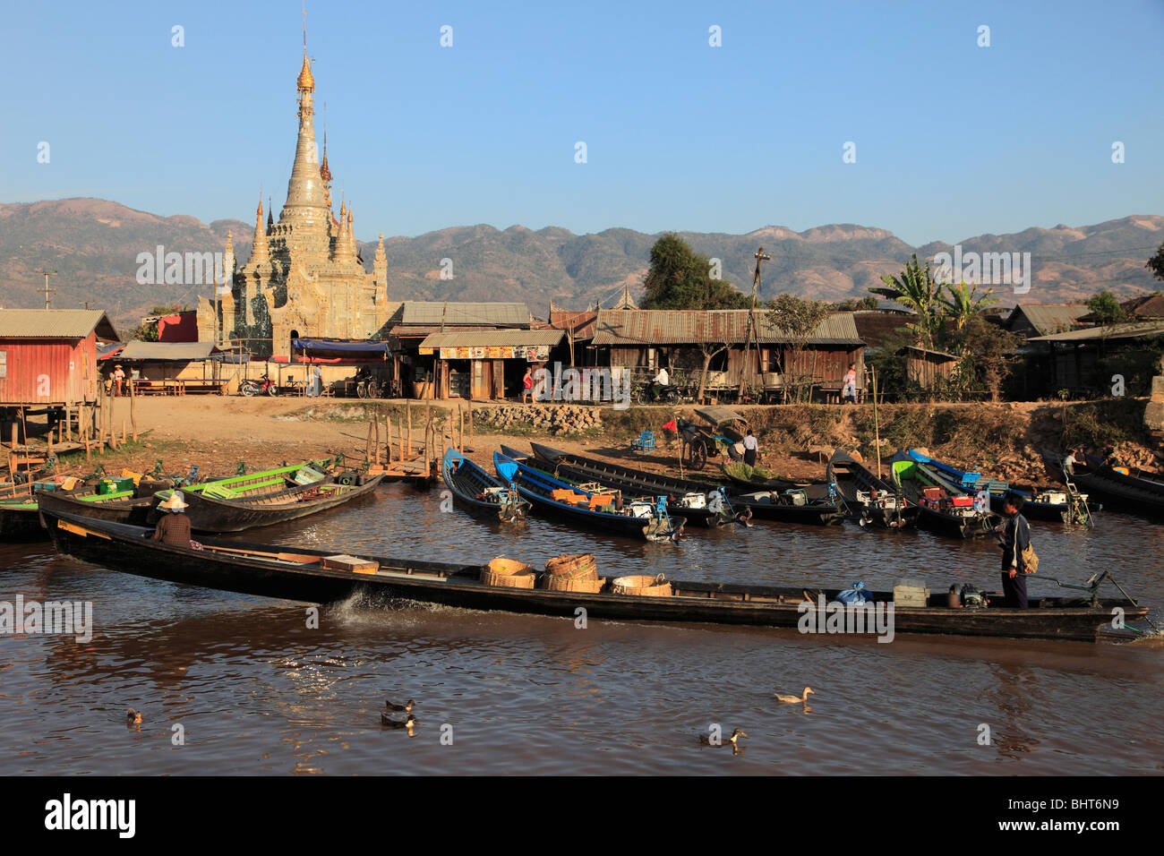Myanmar, Burma, Nyaungshwe, small pagoda, Nan Chaung Canal, boats, Shan ...