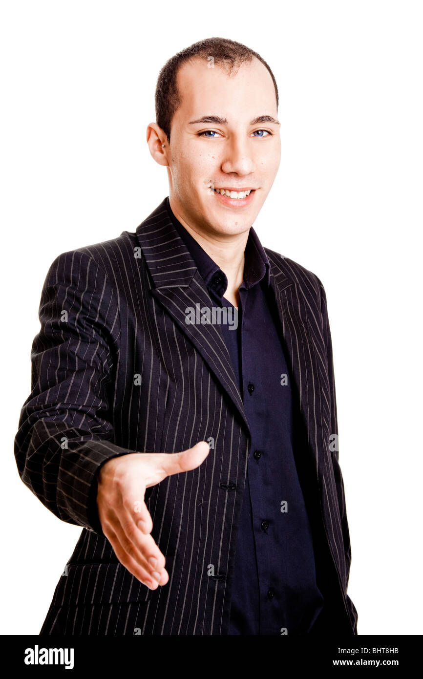 Portrait of a young businessman giving a handshake, isolated on white ...