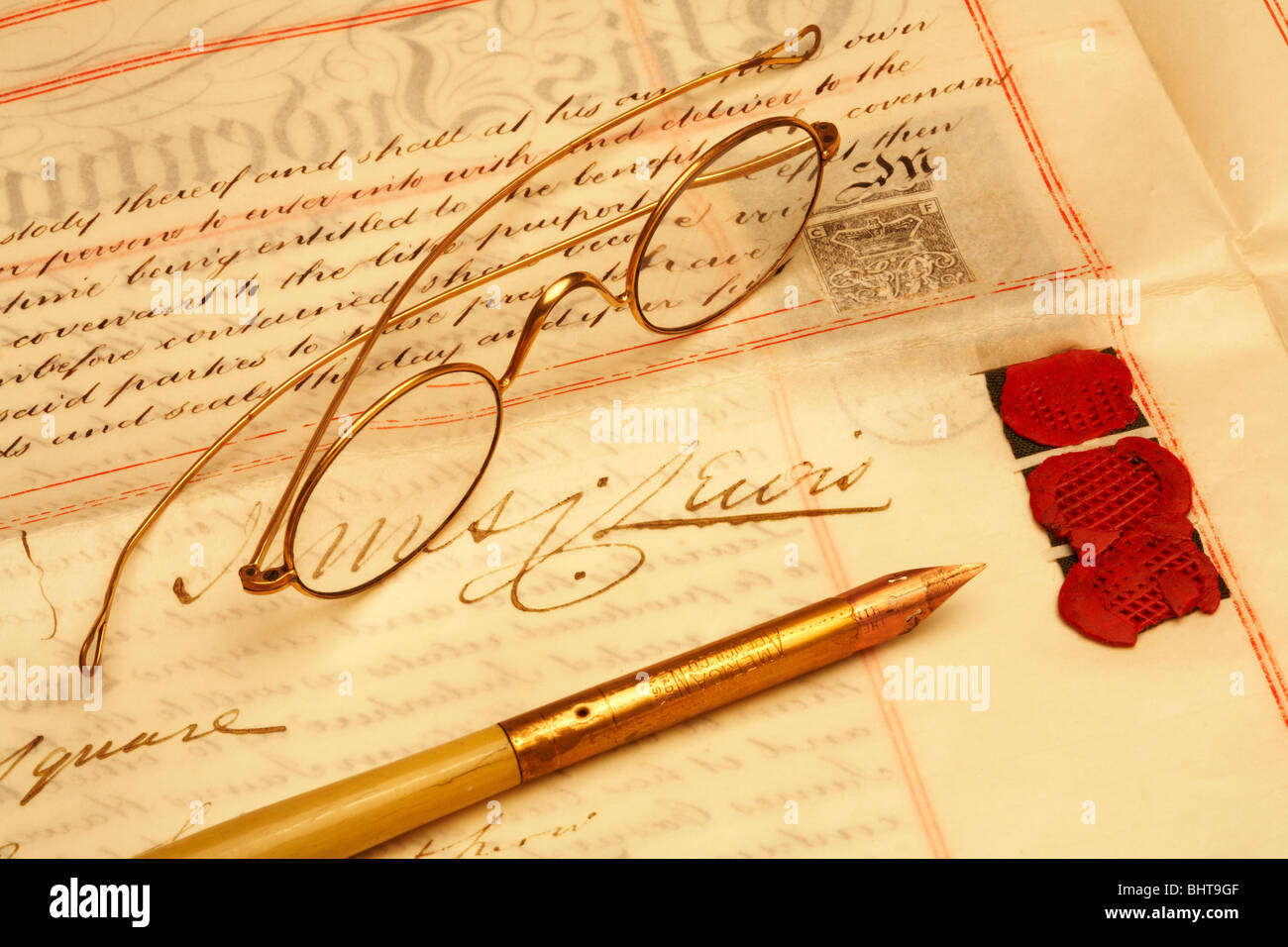 antique ink pen parchment signatures wax seals and gold rimmed ...