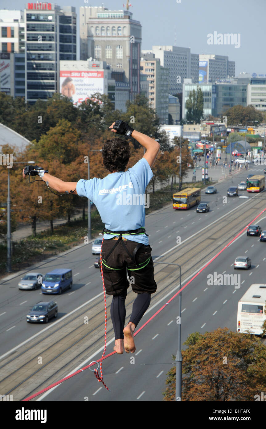 Polish slackliner Jan Galek during show in Warsaw, Poland Stock Photo ...