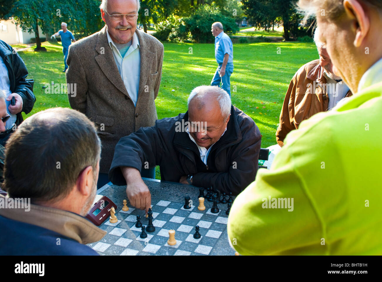 men playing chess, gardens Warmer Damm, Wiesbaden, Hessen, Germany ...
