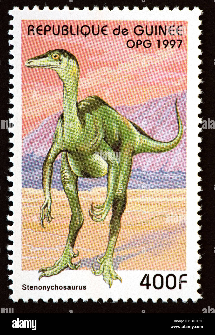 Postage stamp from Guinea depicting a dinosaur (Stenonychosaurus Stock ...