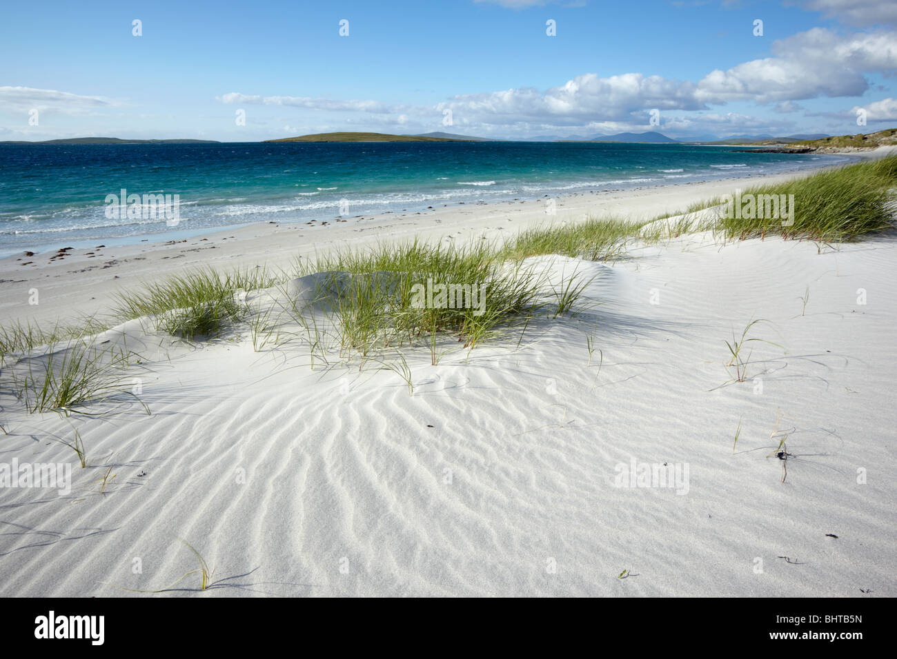 Wind blown sand forms extensive dunes along the coast of North Uist ...