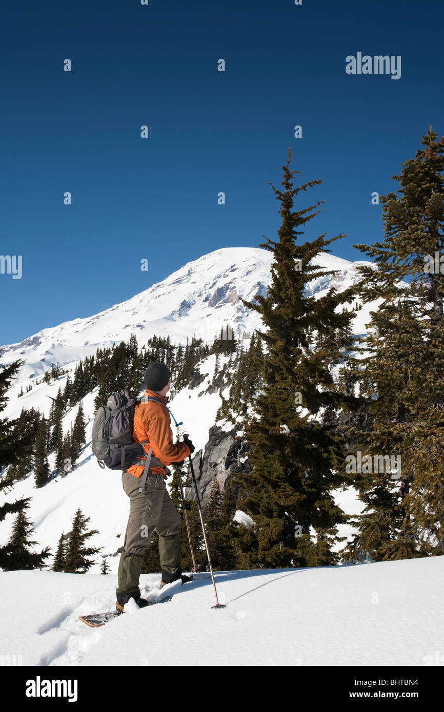 Man Showshoeing on Mazama Ridge - Mount Rainier National Park ...