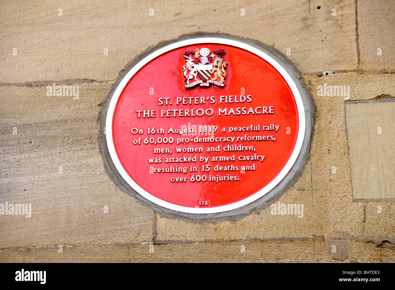 Plaque commemorating the Peterloo Massacre in St Peter's Fields now ...