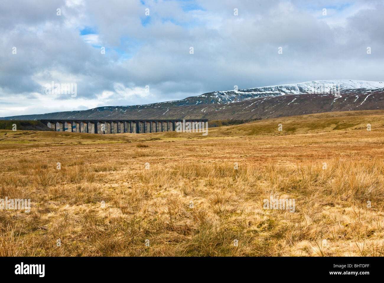 Ribblehead viaduct seen across moorland with Whernside behind Stock ...