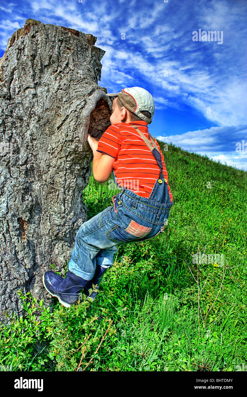 Little farmer in a meadow sitting on a tree trunk Stock Photo - Alamy