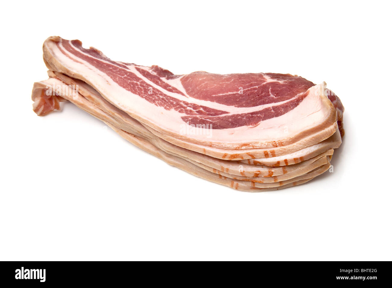 Smoked organic Hampshire back bacon uncooked isolated on a white studio ...