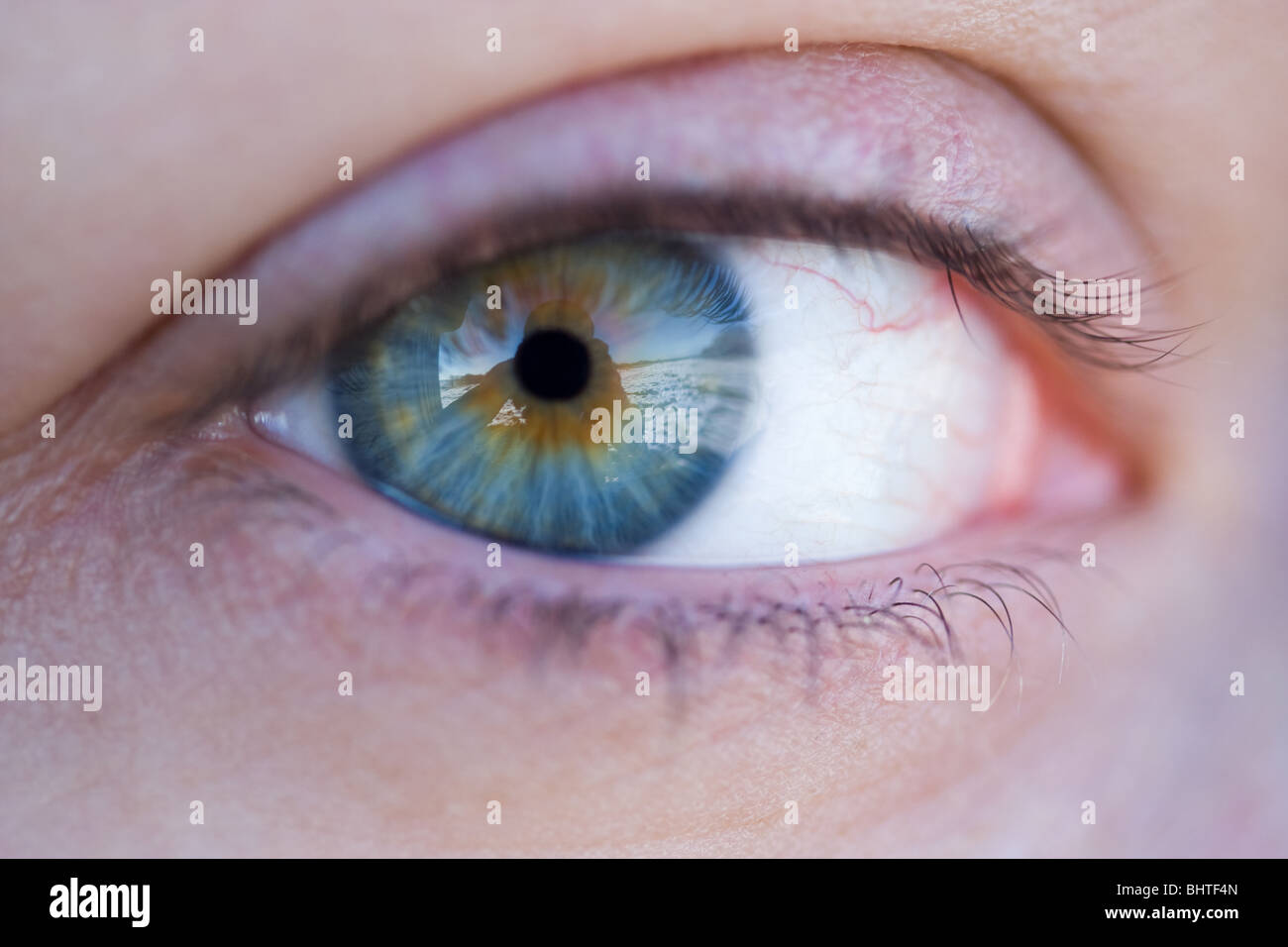 Macro of human eye reflecting the landscape Stock Photo - Alamy