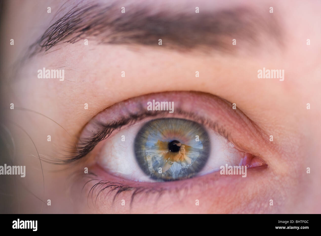 Macro of human eye reflecting the landscape Stock Photo - Alamy