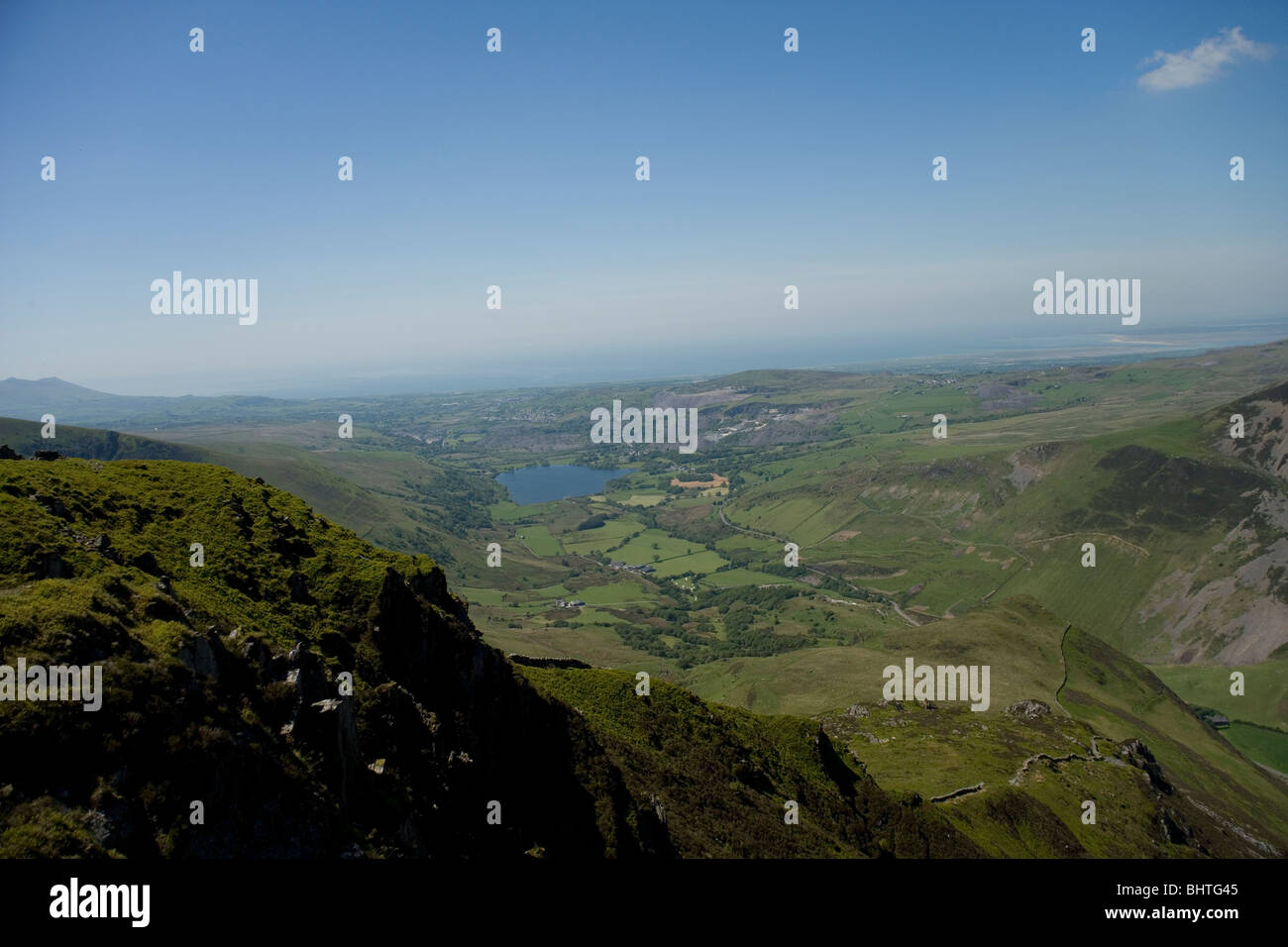 Looking down the Nantlle valley from Nantlle Ridge above the village of ...