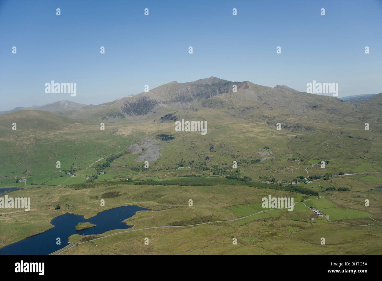 The village of Rhyd Ddu and mount Snowdon in Snowdonia from the top of ...