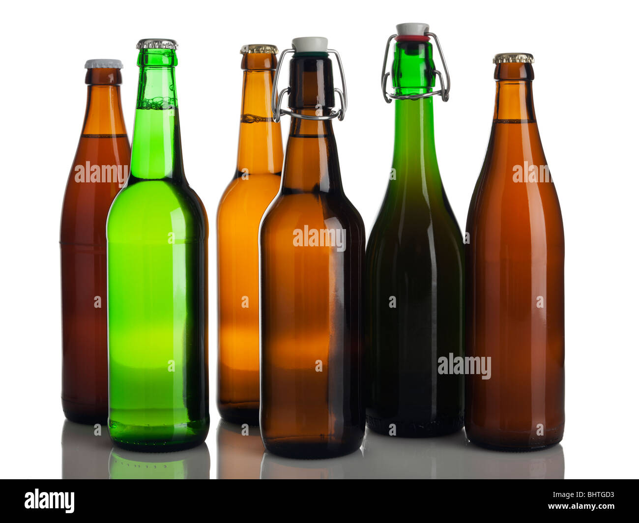 six different bottles of beer without labels isolated on white Stock ...