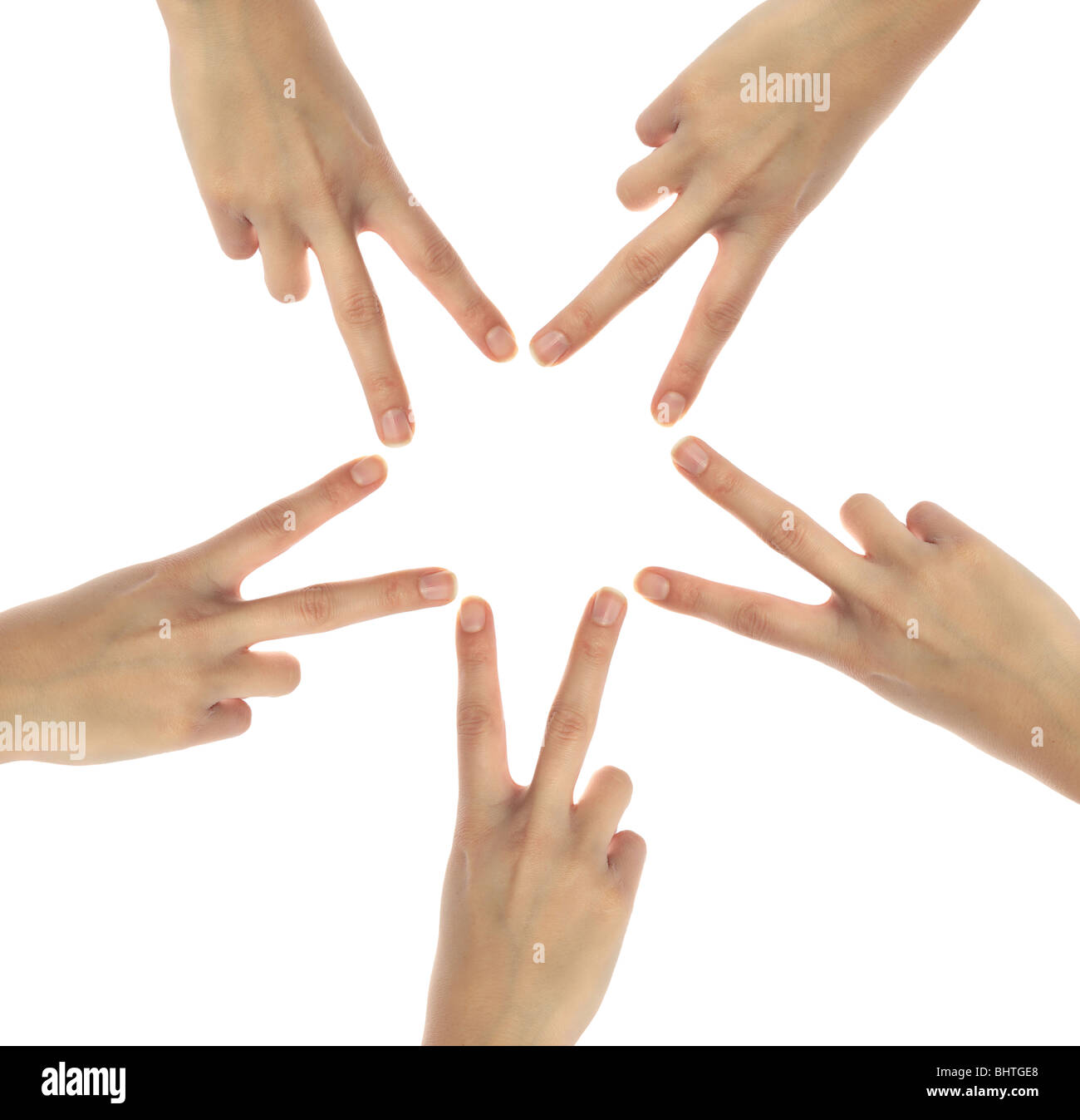 Five neat human hands building a star out of her fingers. All isolated ...