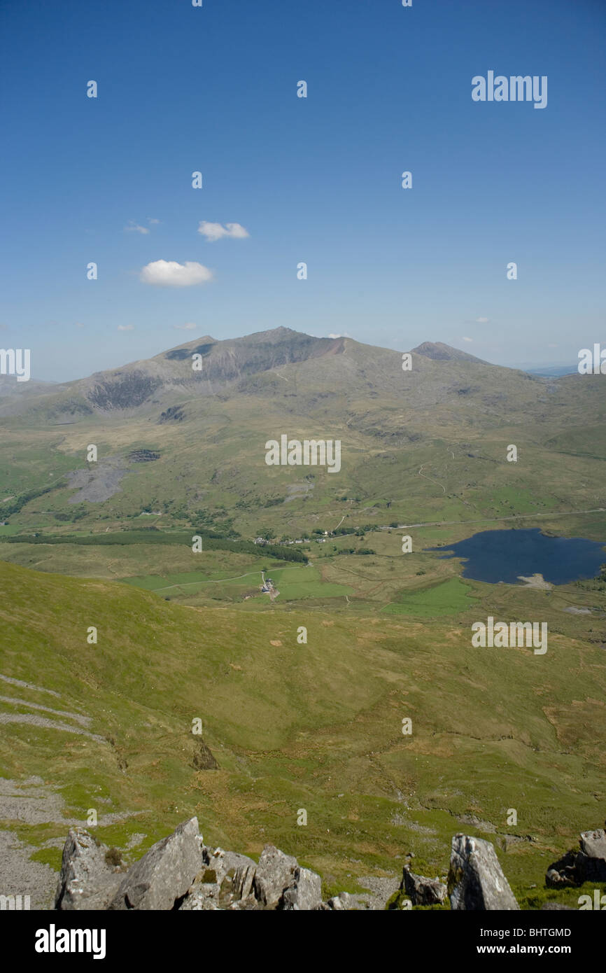 The village of Rhyd Ddu and mount Snowdon in Snowdonia from the top of ...