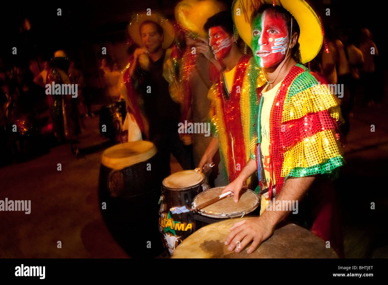 Drummers prepare to enter the parade of Llamadas during Carnaval in ...