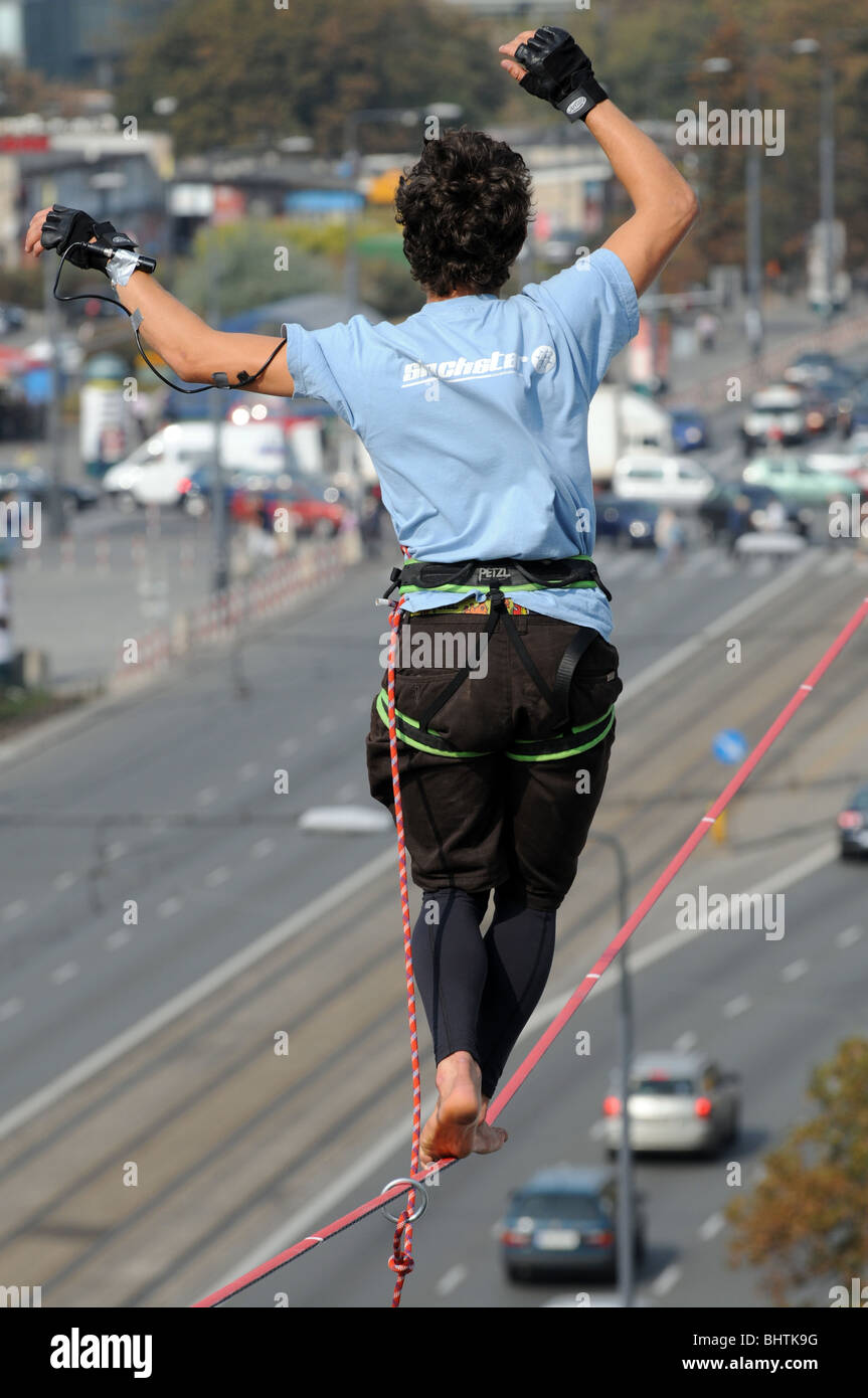 Polish slackliner Jan Galek during show in Warsaw, Poland Stock Photo ...