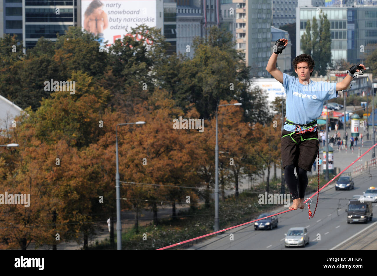 Polish slackliner Jan Galek during show in Warsaw, Poland Stock Photo ...