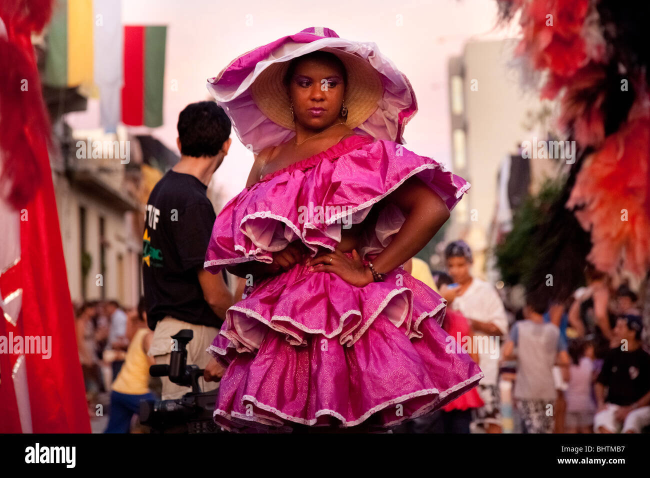 A dancer in the parade of Llamadas during Carnaval in Montevideo ...