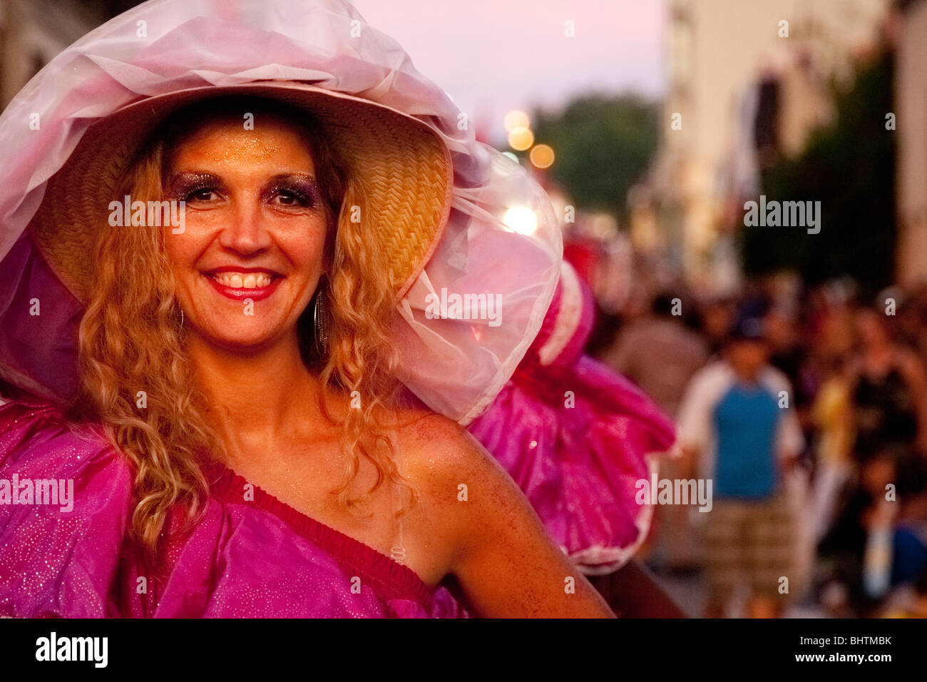 A dancer in the parade of Llamadas during Carnaval in Montevideo ...