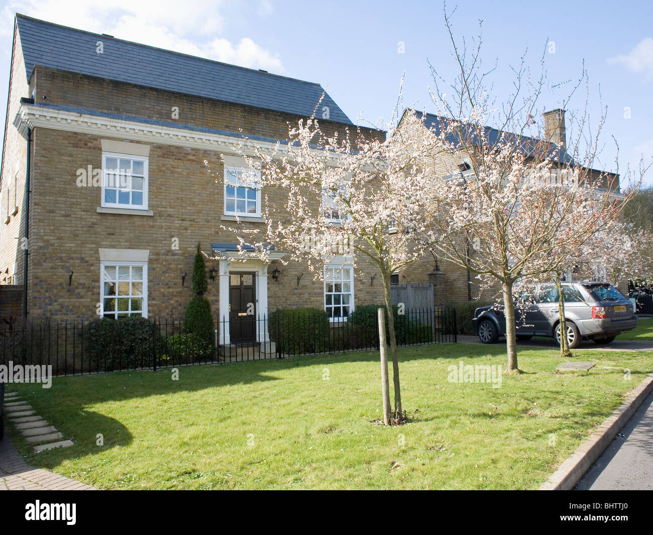 Flowering trees on lawn in front of traditional new-build house on ...