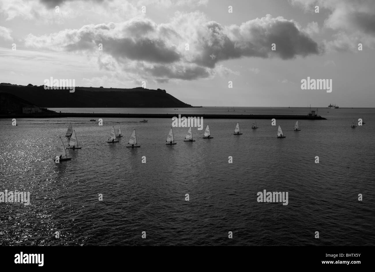 Sailing boats off coast Black and White Stock Photos & Images - Alamy