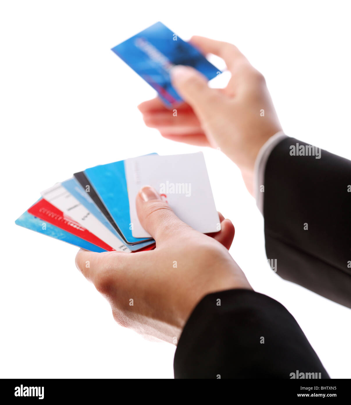 Credit cards in woman hands Stock Photo - Alamy
