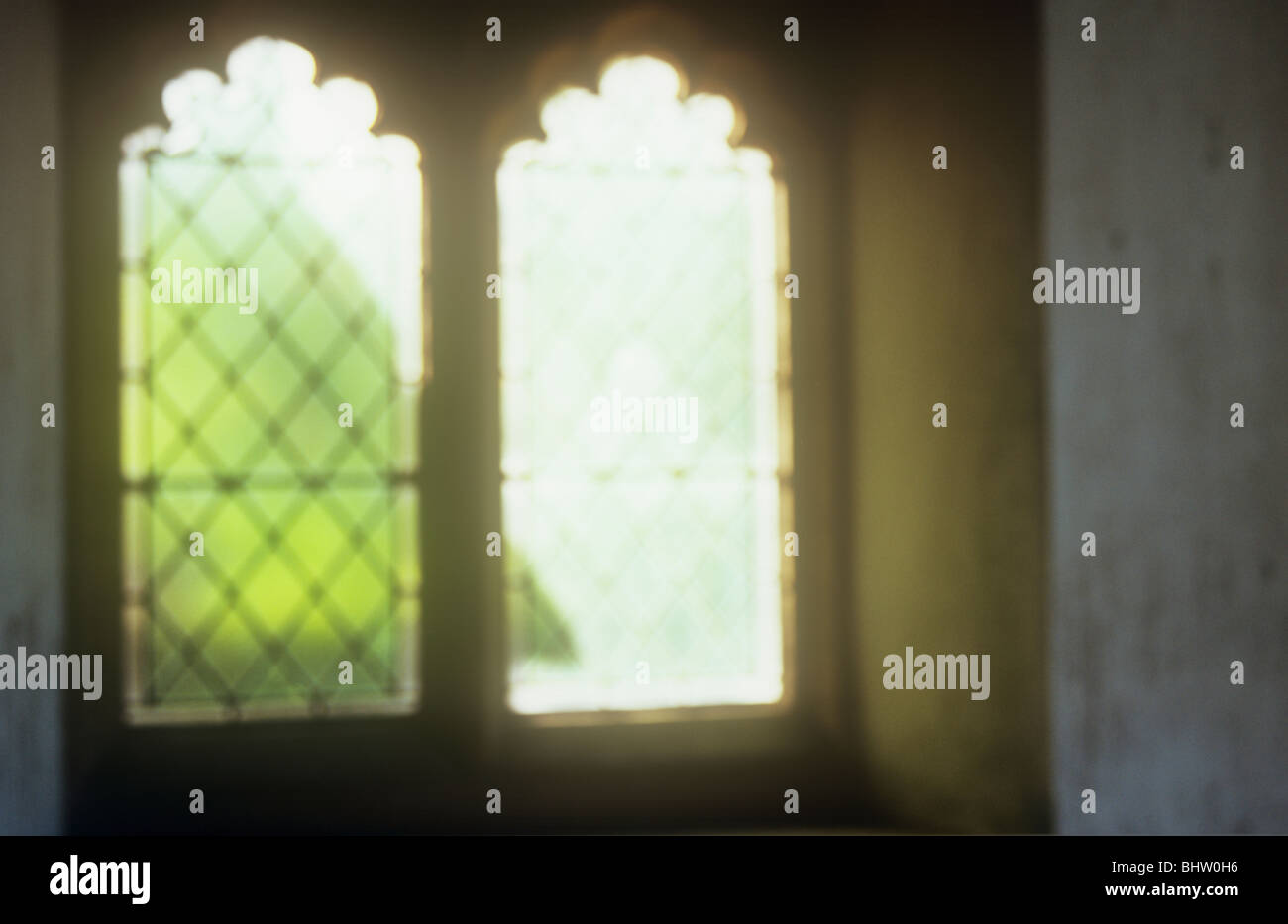 Impressionistic view through pair of Decorated Gothic diamond leaded ...