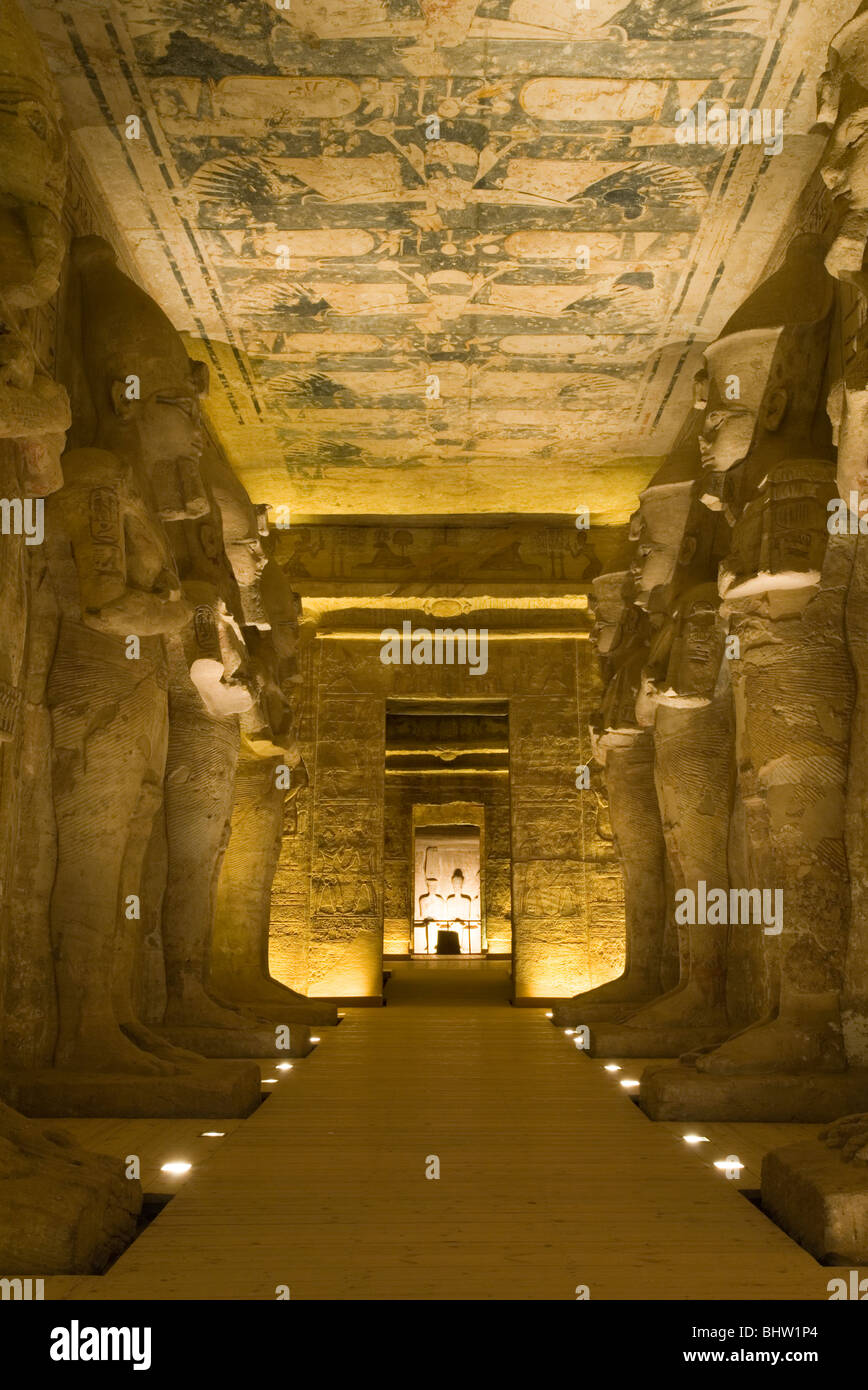 Carved statues inside the great temple of Abu Simbel in Egypt Stock ...