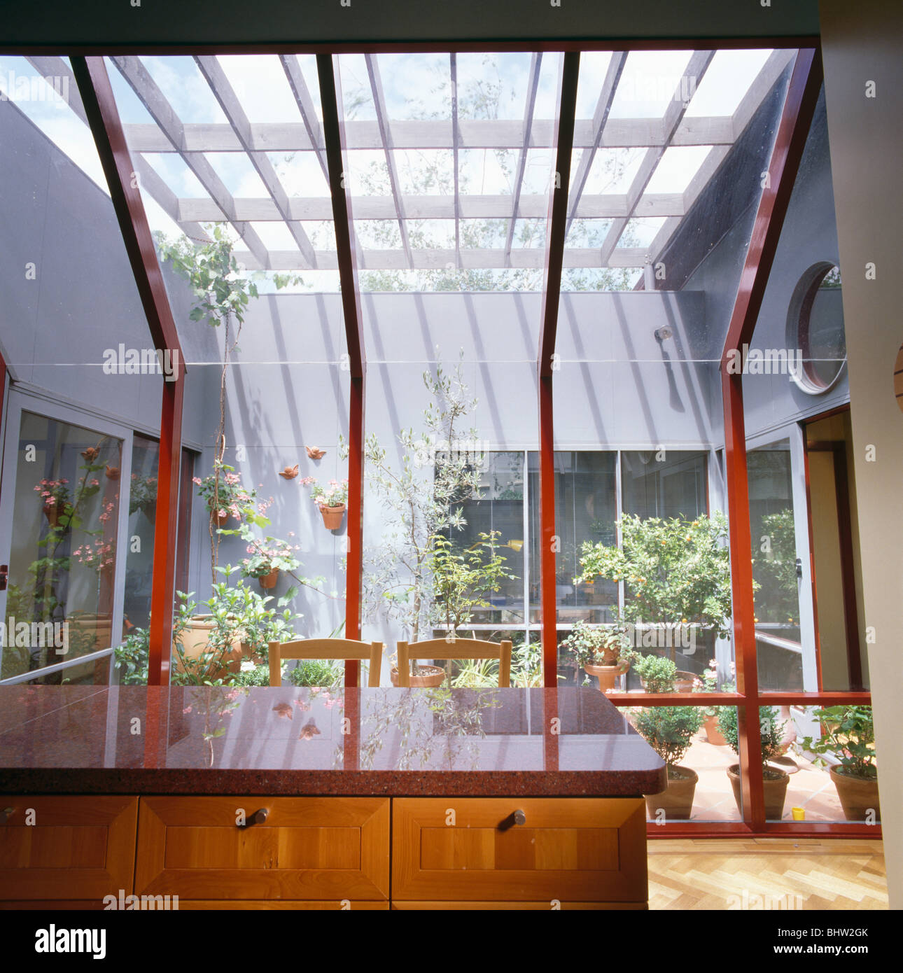 Modern conservatory kitchen with view of green plants in atrium Stock ...