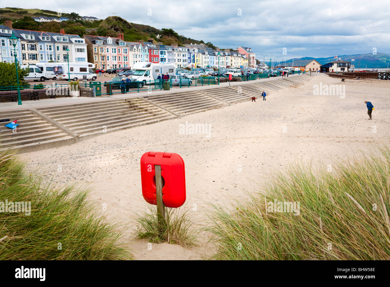 Beach with steps and townscape, Aberdyfi, Aberdovey, North Wales Stock ...