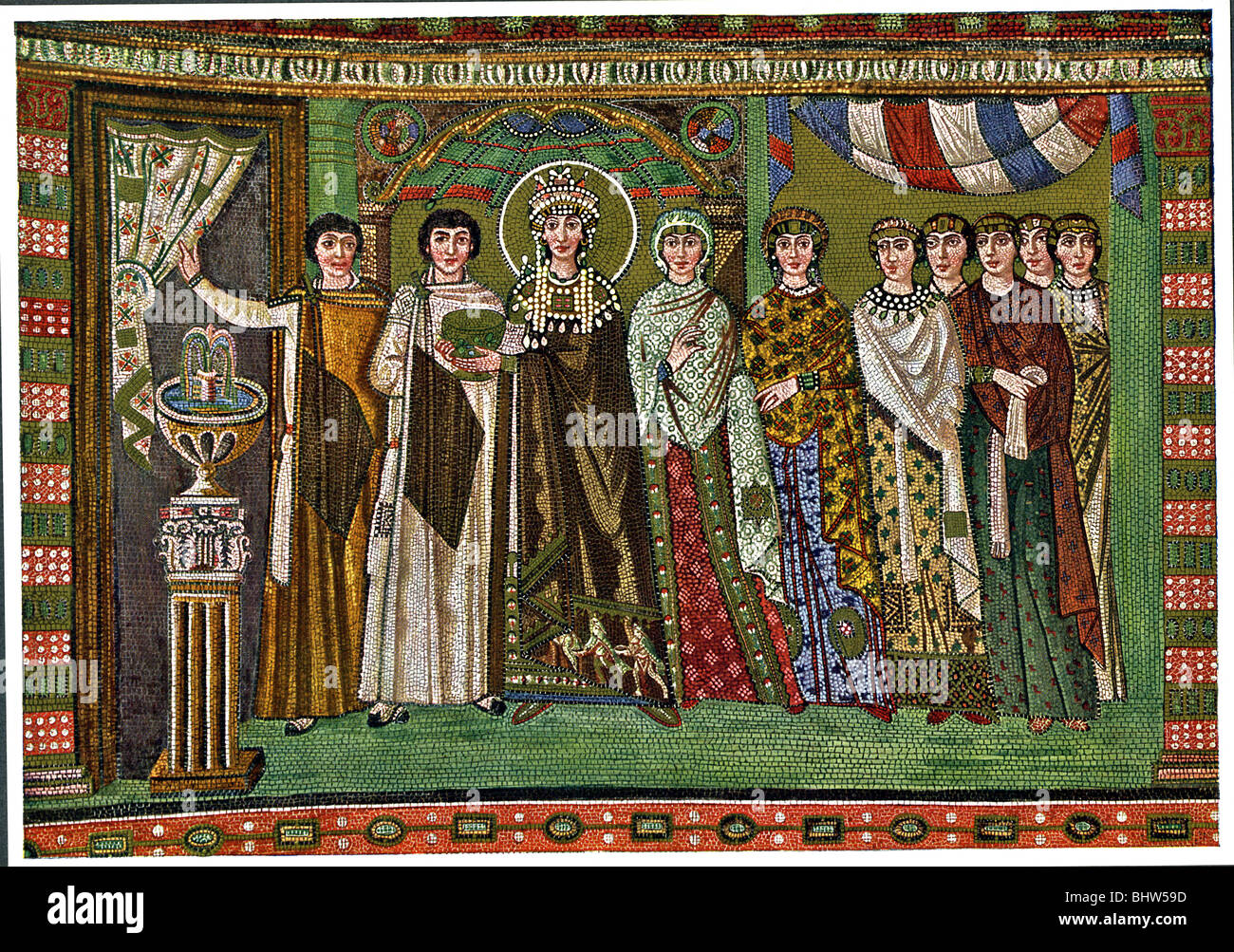A tile mosaic in San Vitale in Ravenna shows Theodora (third from left ...