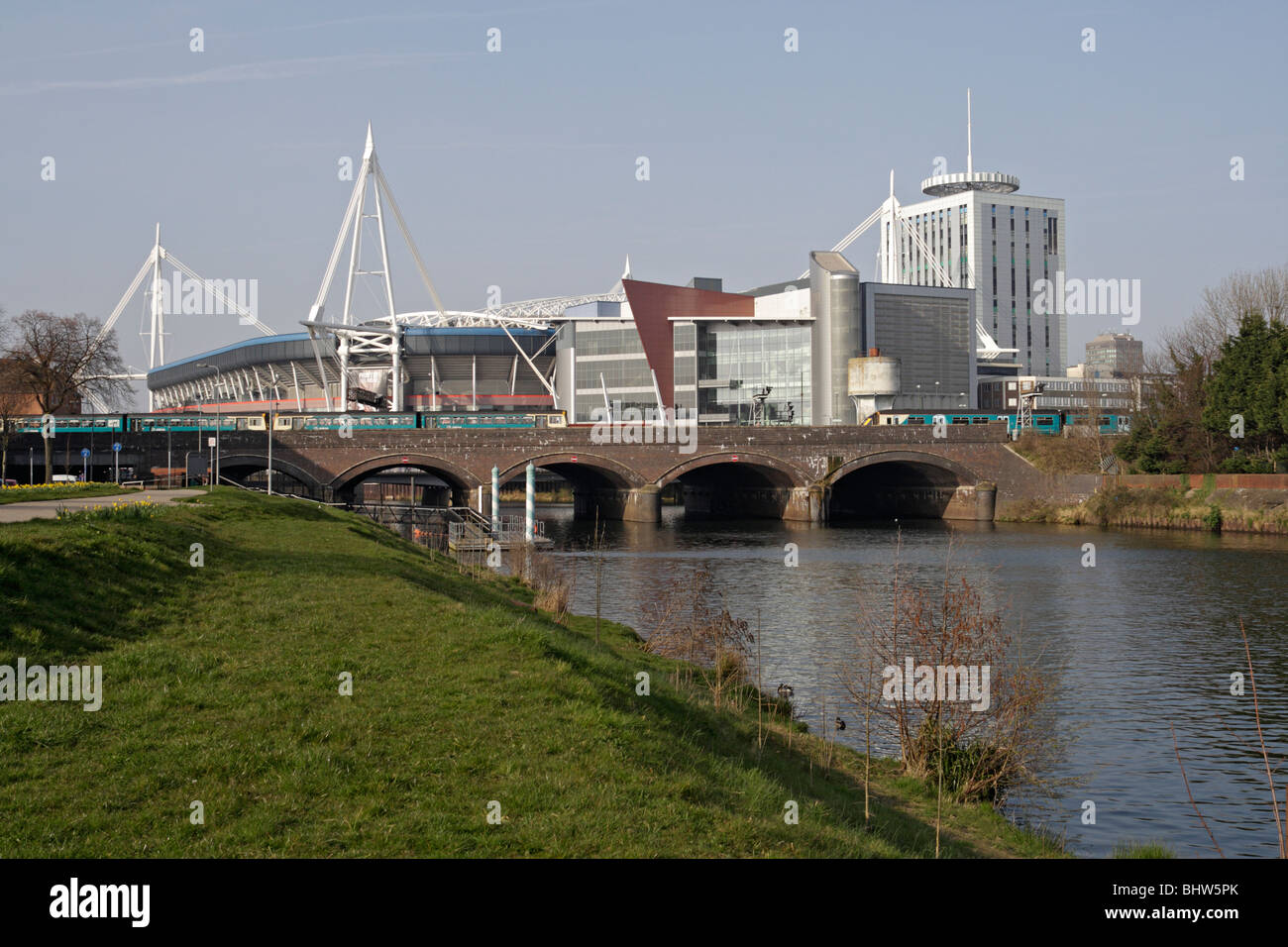 Cityscape view of Cardiff' Millennium Stadium, Wales UK and Railway ...