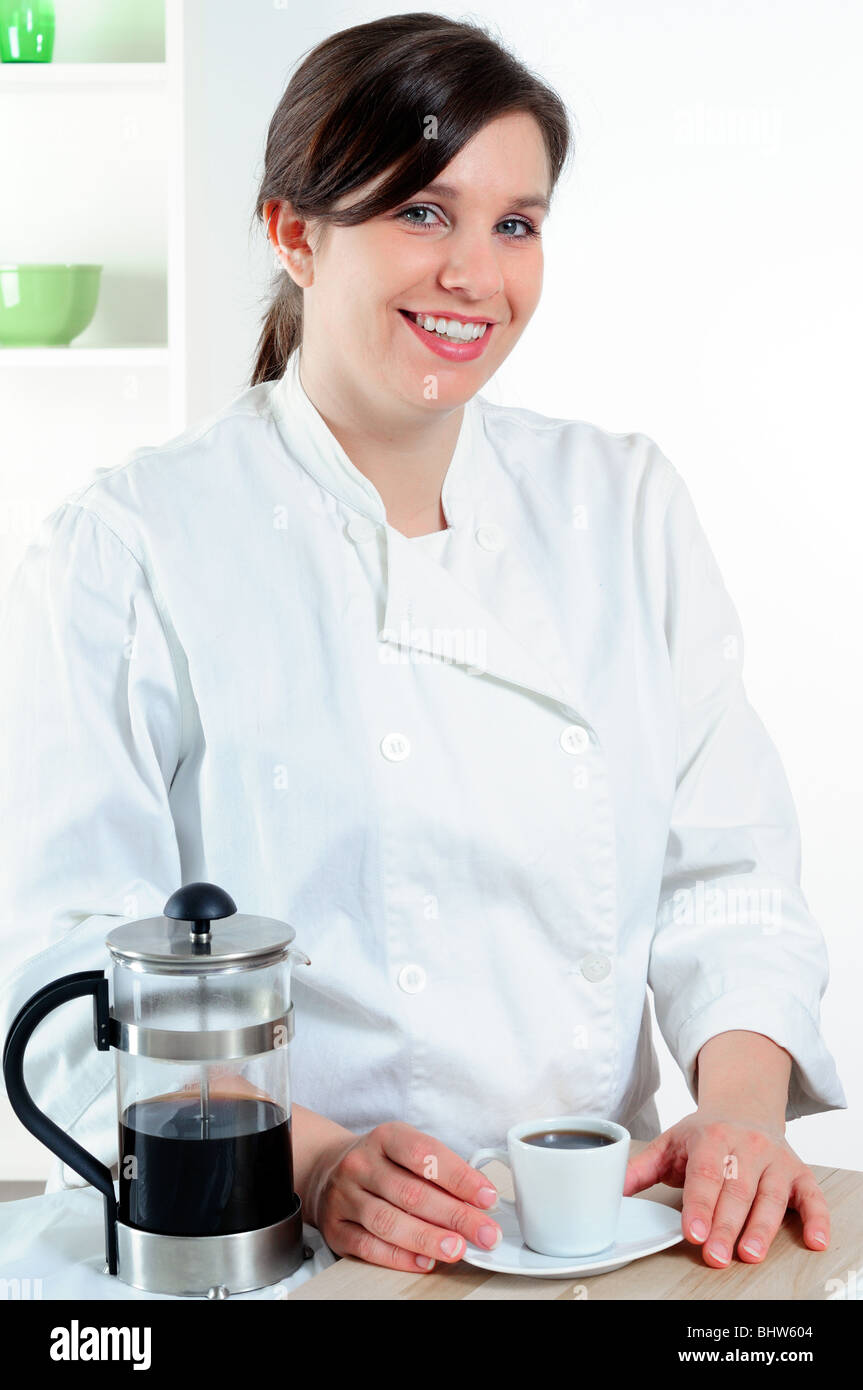 Female Chef Enjoying An Espresso Coffee Stock Photo - Alamy
