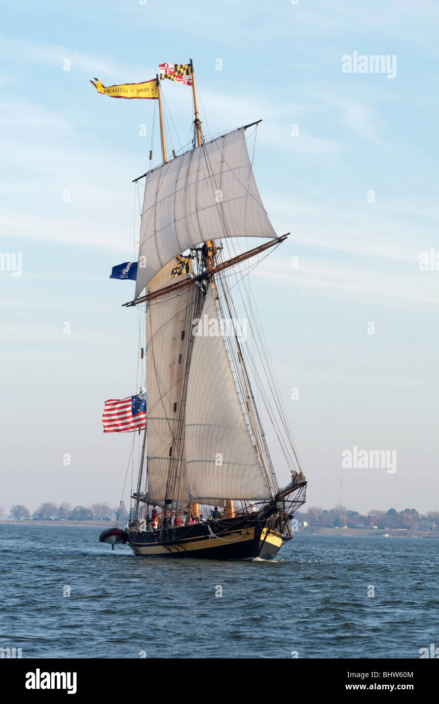 A forward quarter view of PRIDE OF BALTIMORE II under sail on the ...