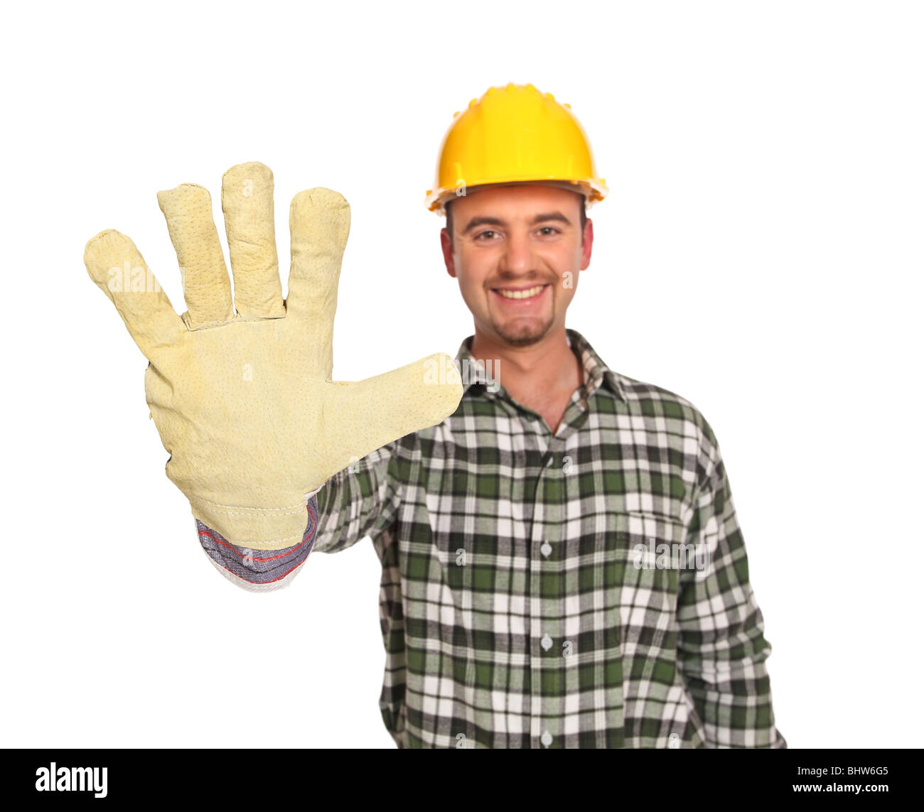 smiling construction worker show his hand with glove Stock Photo - Alamy