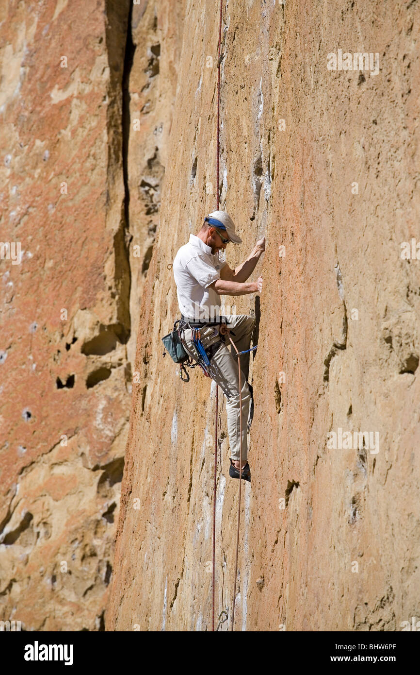 Technical rock climbers on a vertical rock pitch at Smith Rock State ...