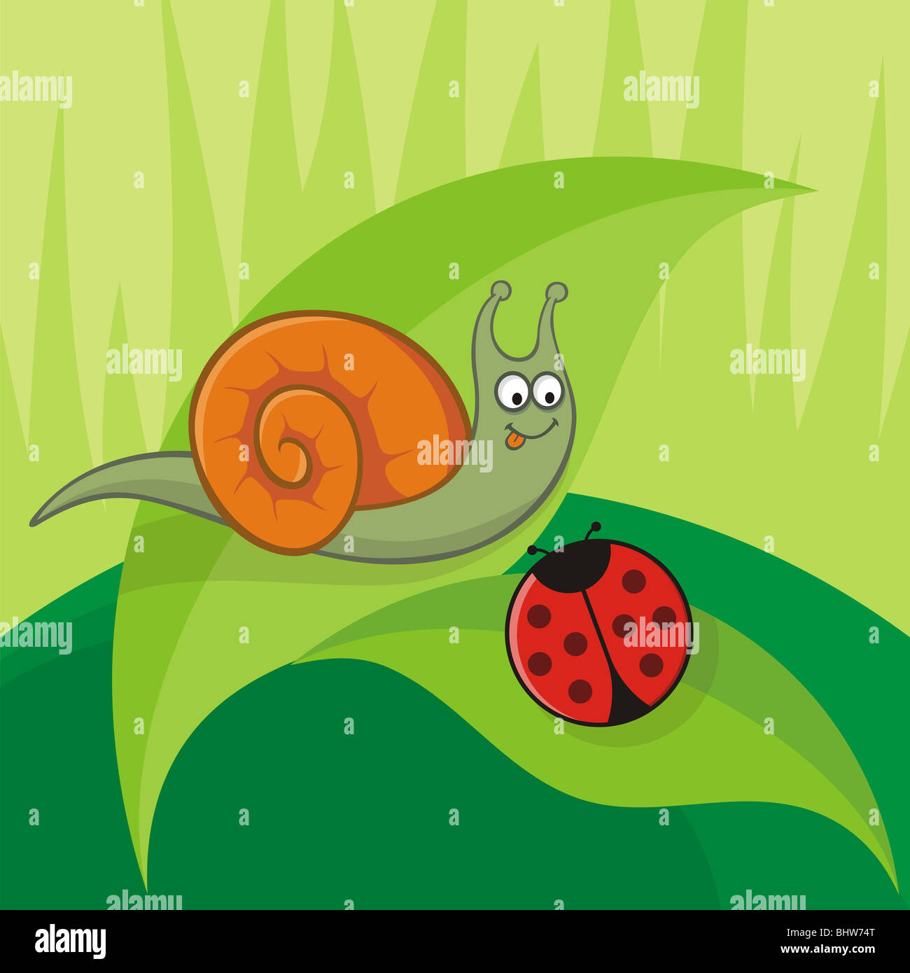 Cartoon snail with ladybug sitting on leaves Stock Photo - Alamy