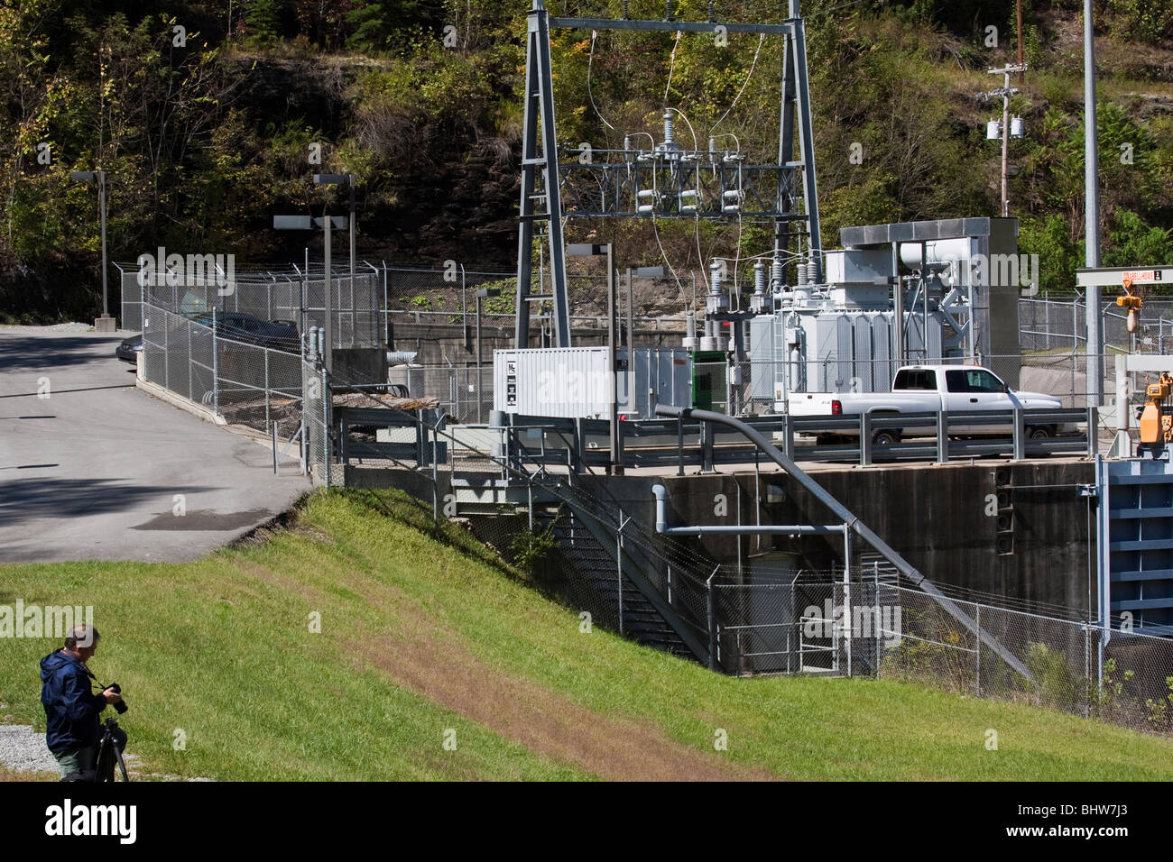 Hydro-electric water small dam treatment from above top view overhead ...