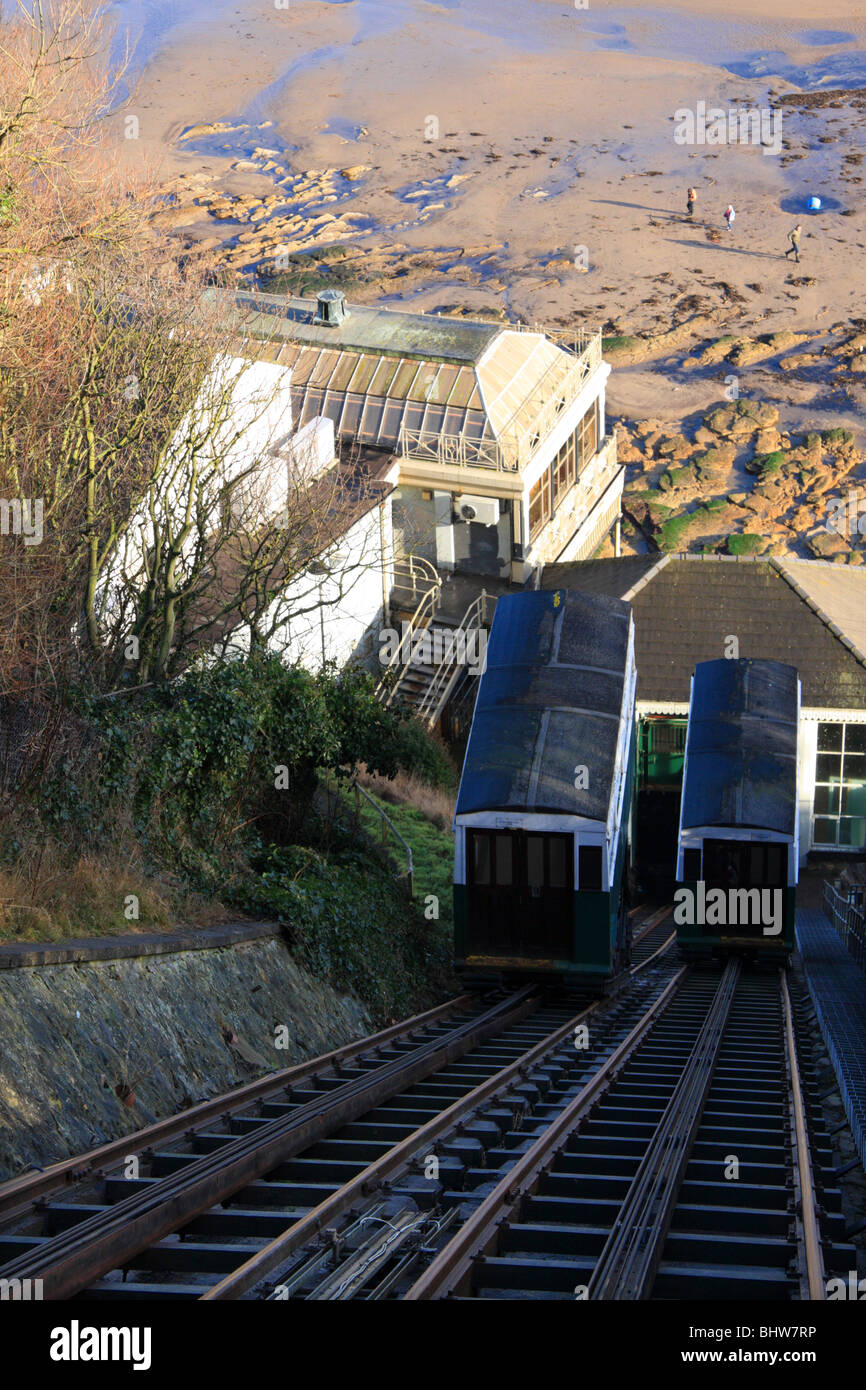 The tracks of South Cliff funicular above South Bay beach, Scarborough ...