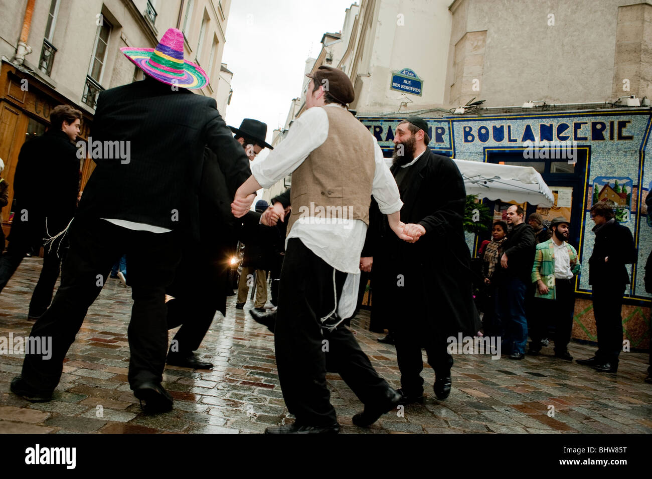 Paris, France, Group Orthodox Jews Dancing in Street in the Marais ...