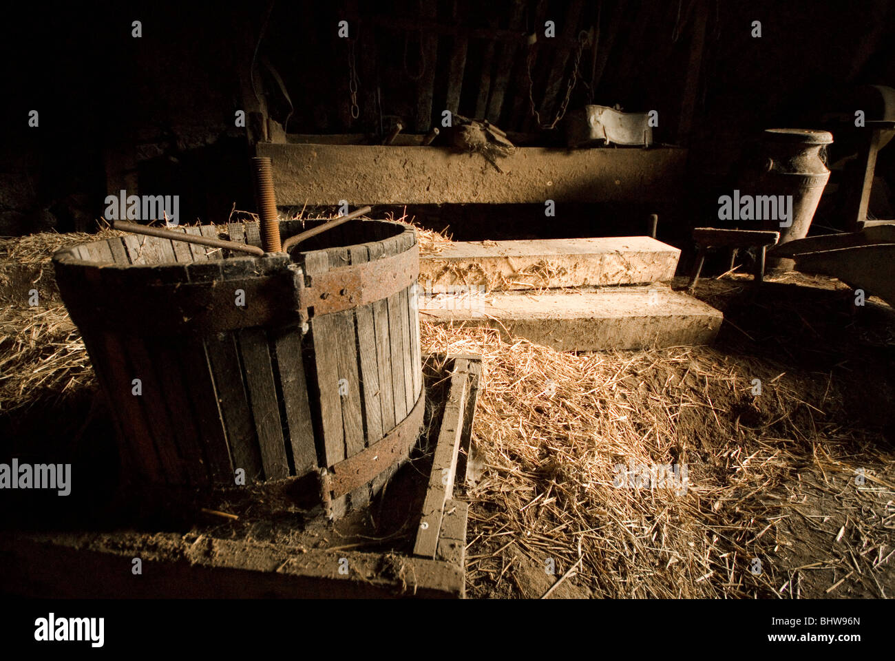 Inside a Cider barn in devon Stock Photo - Alamy